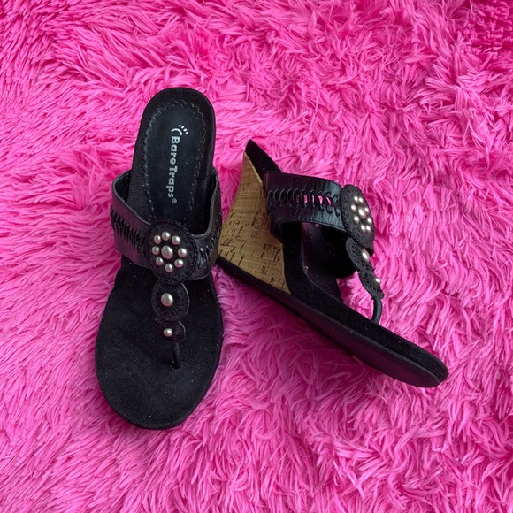 BareTraps | Shoes | Bare Traps Swish Leather Thong Cork Wedge Studded ...